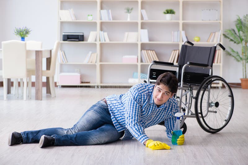 The Disabled Man on Wheelchair Cleaning Home Stock Image - Image of ...