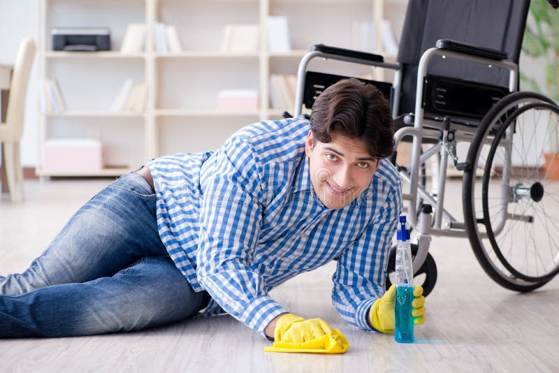 The Disabled Man on Wheelchair Cleaning Home Stock Image - Image of ...