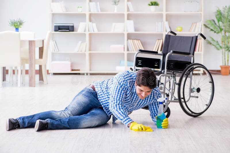 The Disabled Man on Wheelchair Cleaning Home Stock Image - Image of ...