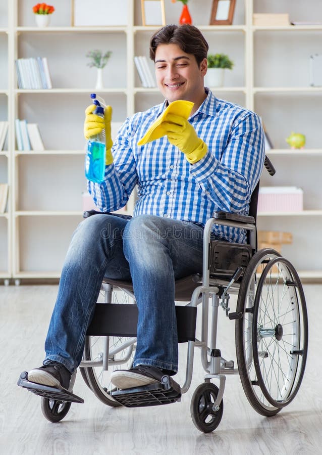 Disabled Man on Wheelchair Cleaning Home Stock Photo - Image of injured ...