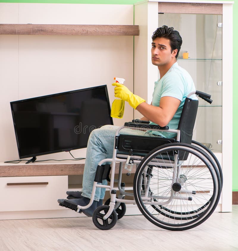 Disabled Man on Wheelchair Cleaning House Stock Image - Image of ...