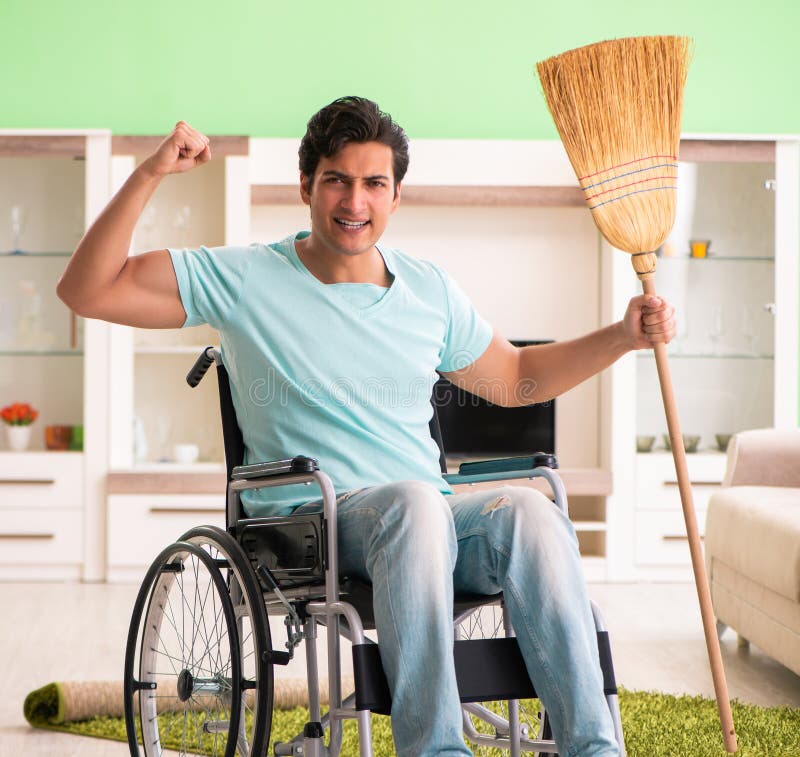 Disabled Man on Wheelchair Cleaning House Stock Image - Image of chores ...