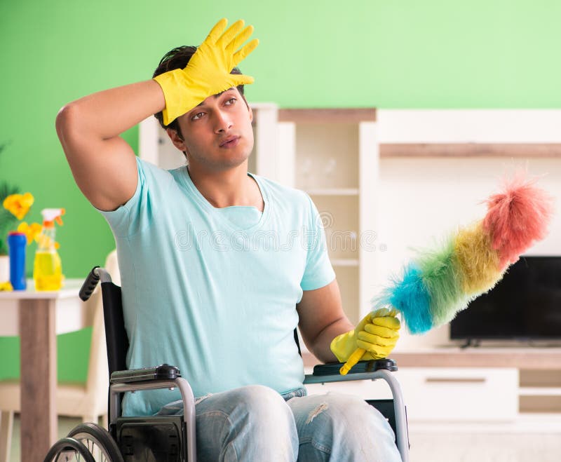 Disabled Man on Wheelchair Cleaning House Stock Photo - Image of ...