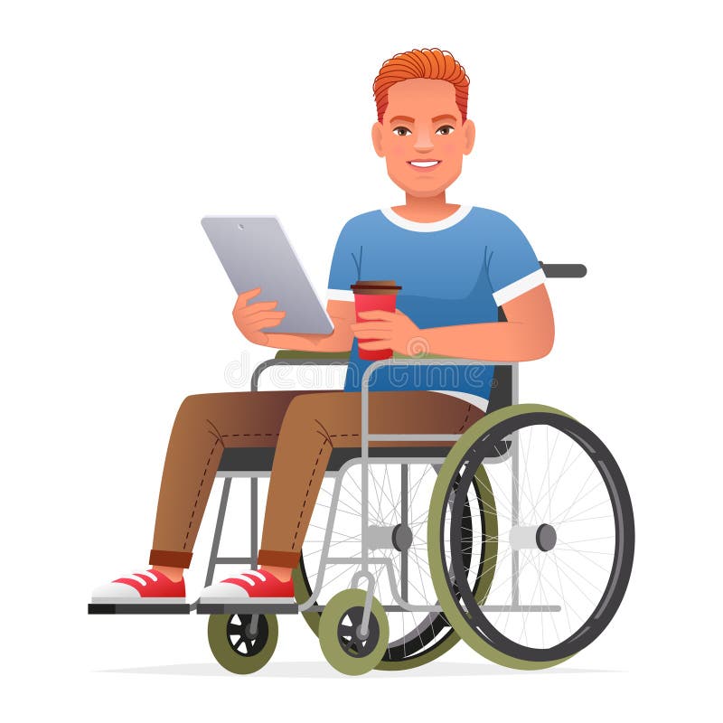 Disabled Man In A Wheelchair Holds A Tablet And A Glass Of Coffee A