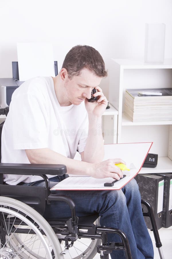 Disabled Man in Wheelchair at Home Office Stock Image - Image of device ...