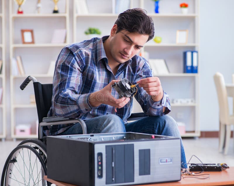 Disabled Man on Wheelchair Repairing Computer Stock Photo - Image of ...