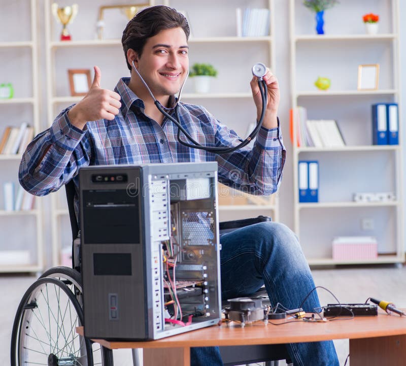 Disabled Man on Wheelchair Repairing Computer Stock Photo - Image of ...
