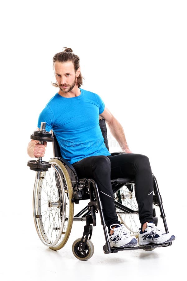 Disabled Man in Wheelchair Train with Bar-bell Stock Image - Image of ...