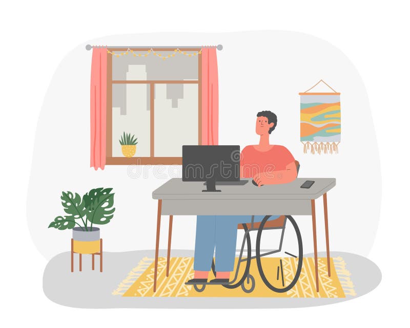 Disabled Man in Wheelchair Working at Computer in Home. Freelance ...