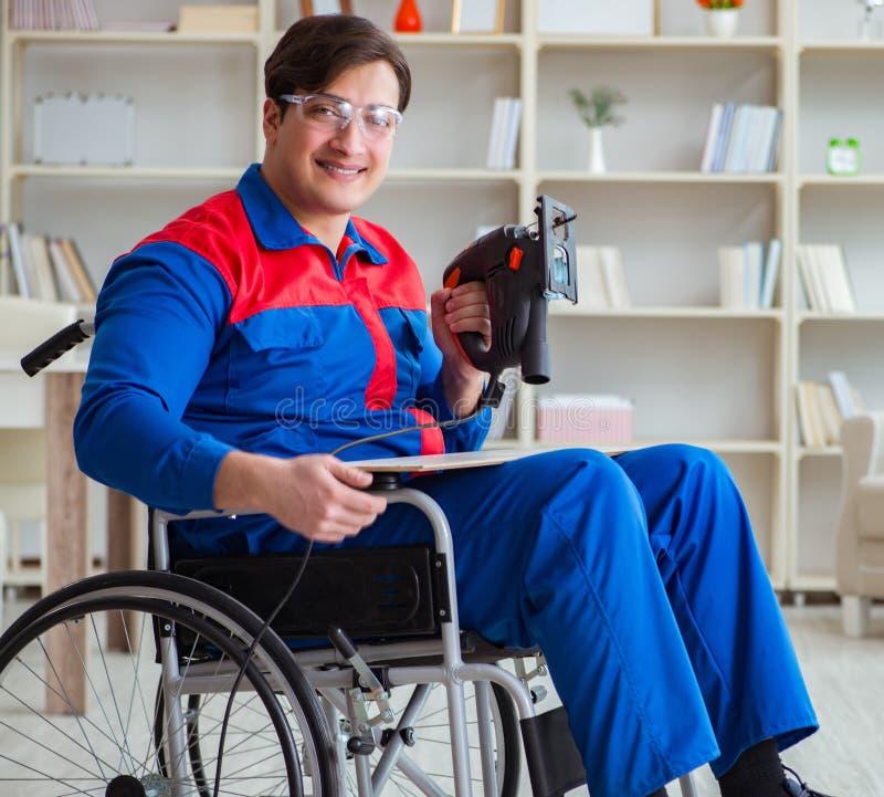 Disabled Man Working with Handsaw at Home Stock Photo - Image of ...