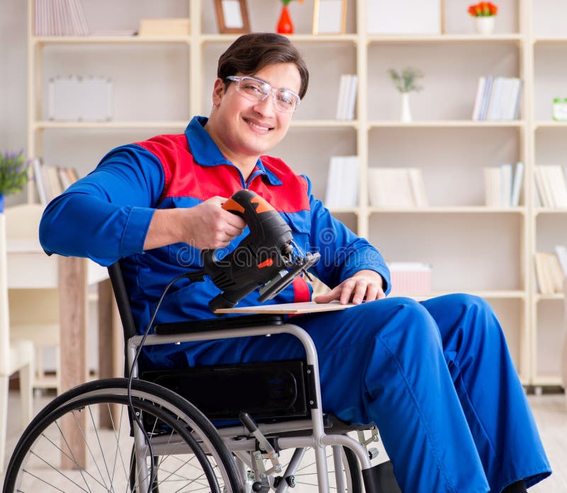 Disabled Man Working with Handsaw at Home Stock Image - Image of ...