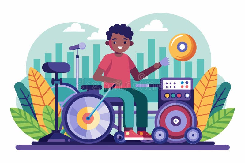 A Disabled Musician Sitting in Front of a Drum Set Preparing To Play ...