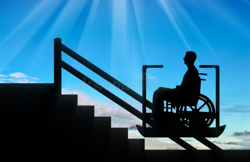 Disabled Person Climbs on Elevator for Disabled on Stairs Stock Image ...