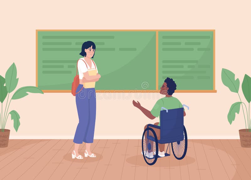 Disabled Student with Friend in Classroom Flat Color Vector ...