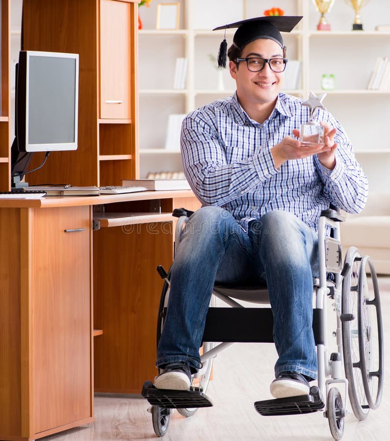 Disabled Student Studying at Home on Wheelchair Stock Image - Image of ...