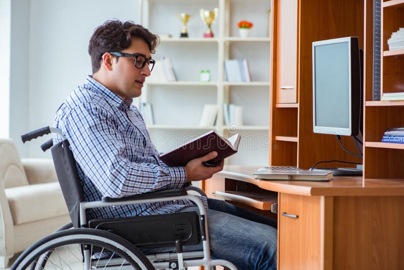The Disabled Student Studying at Home on Wheelchair Stock Photo - Image ...