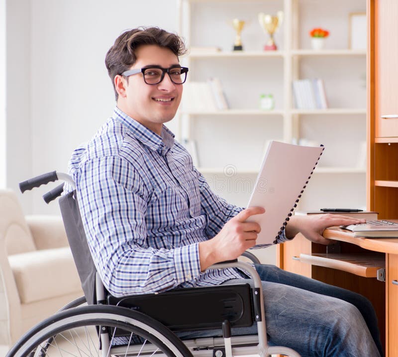 Disabled Student Studying at Home on Wheelchair Stock Image - Image of ...