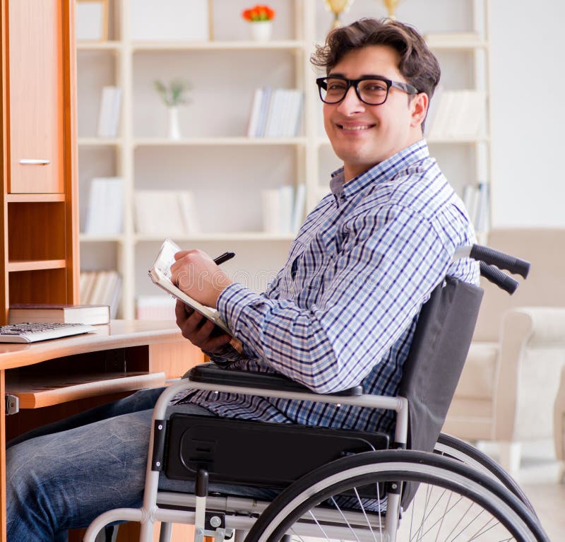 Disabled Student Studying at Home on Wheelchair Stock Image - Image of ...