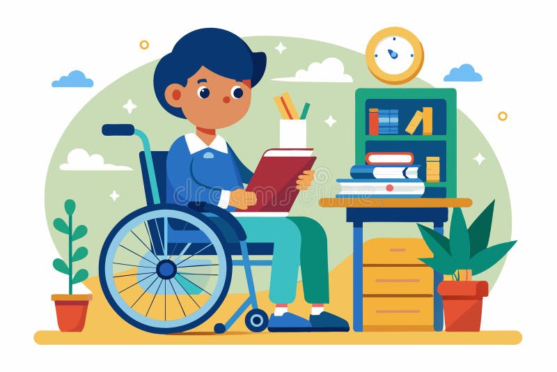 A Disabled Student in a Wheelchair Reads a Book at a Study Desk ...