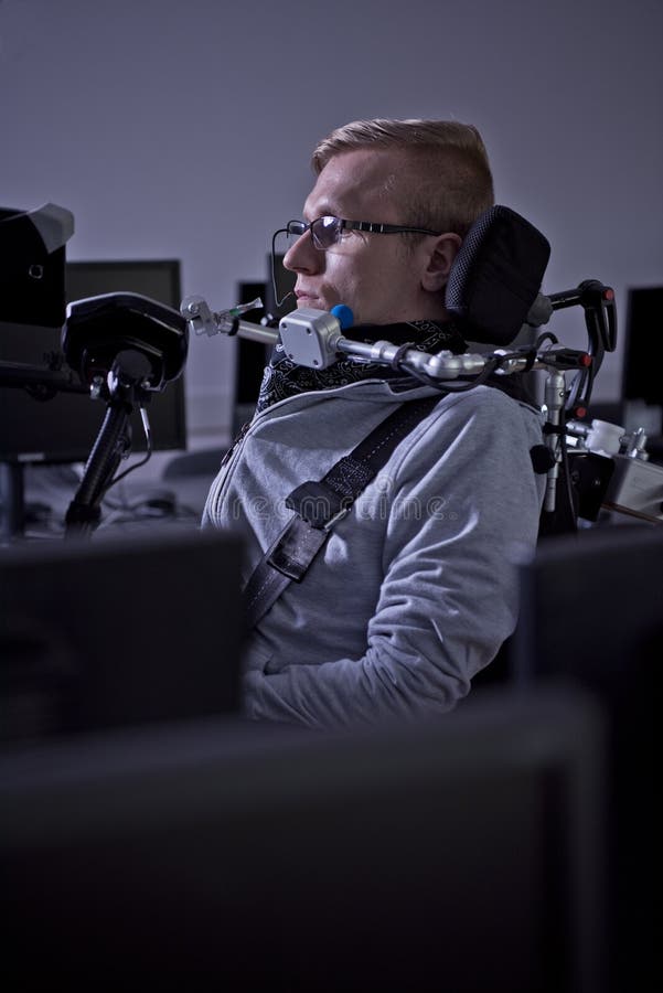 Disabled Student Working with His Computer. Stock Image - Image of ...