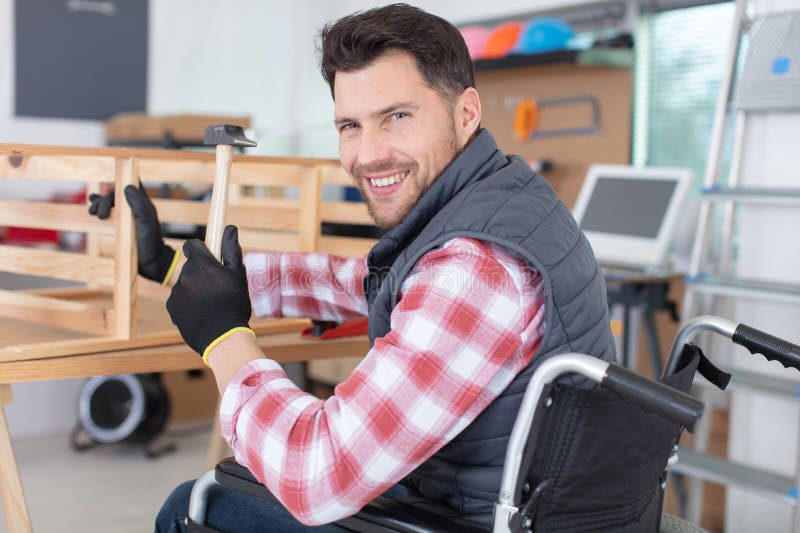 Disabled Worker in Wheelchair in Factory on Machine Stock Image - Image ...