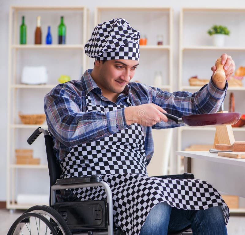 Disabled Young Husband Frying at Kitchen Stock Photo - Image of cook ...