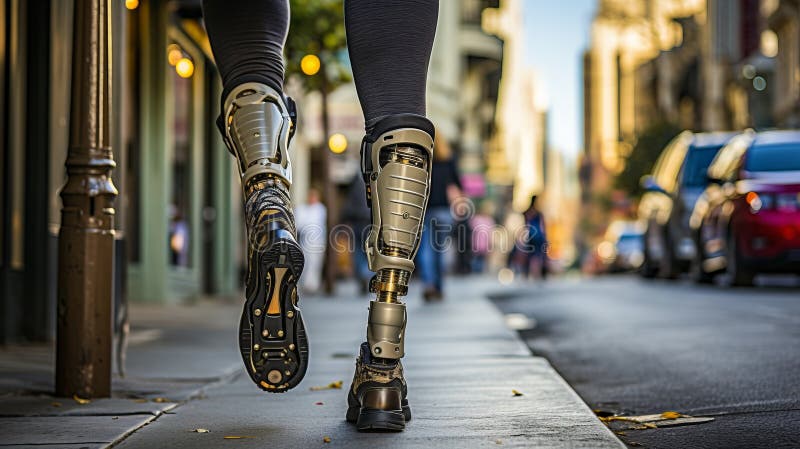 Low Angle View at Disabled Young Man with Prosthetic Leg Walking Along ...