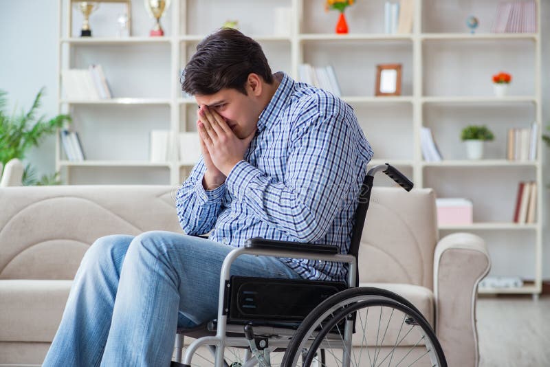 The Disabled Young Man Suffering at Home Stock Image - Image of crying ...