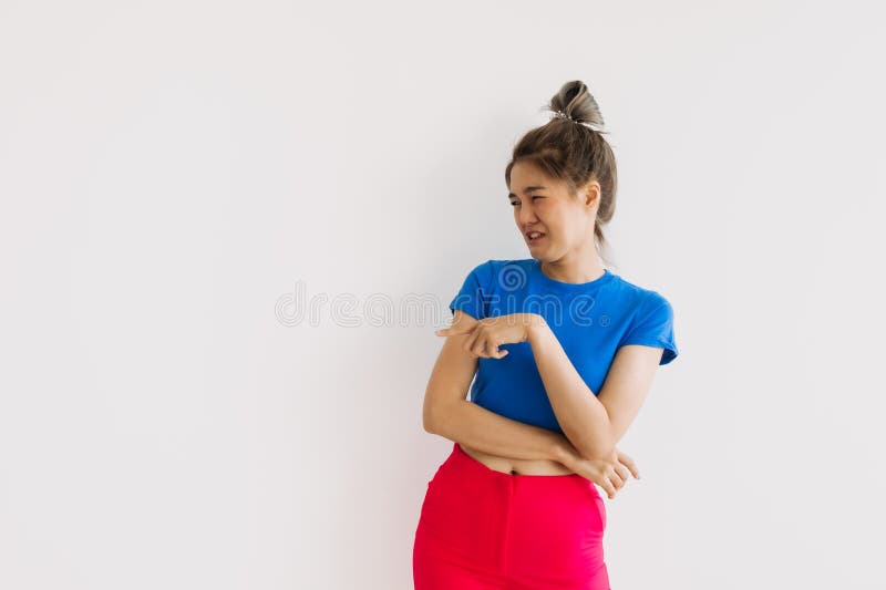 Disappoint Face Woman with Hand Point Look at Empty Space Isolated on ...
