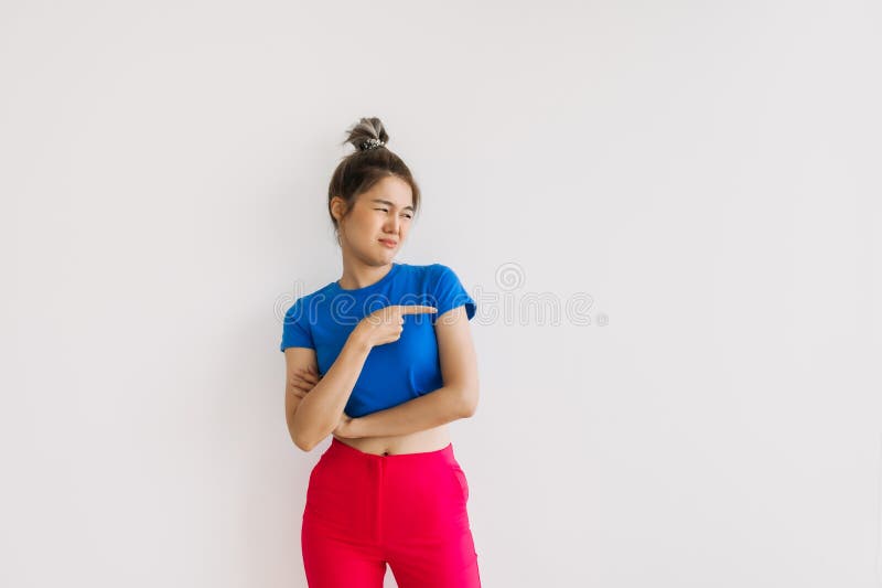 Disappoint Face Woman with Hand Point Look at Empty Space Isolated on ...