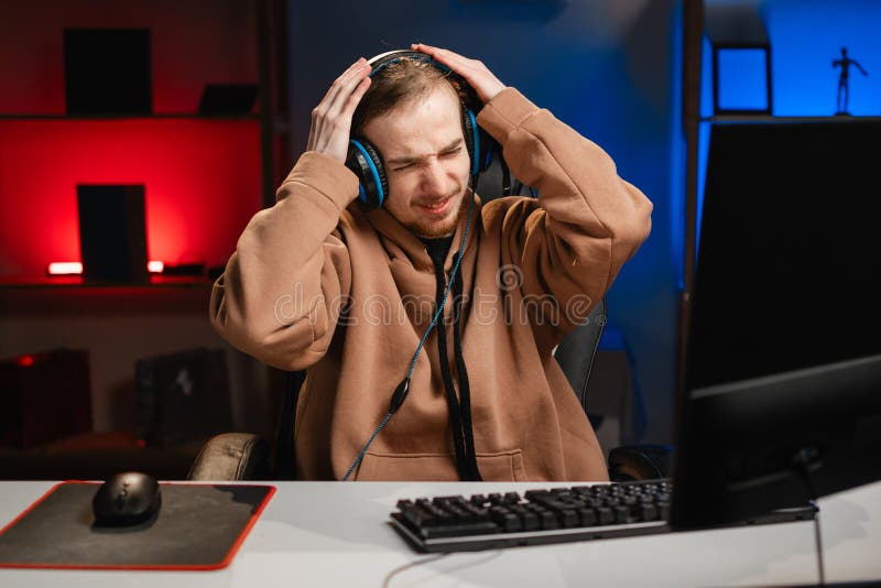 Disappointed Angry Gamer Streamer Broadcasting Stream at Night at Home ...