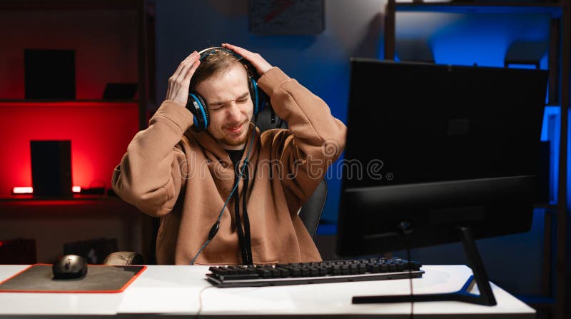 Disappointed Angry Gamer Streamer Broadcasting Stream at Night at Home ...