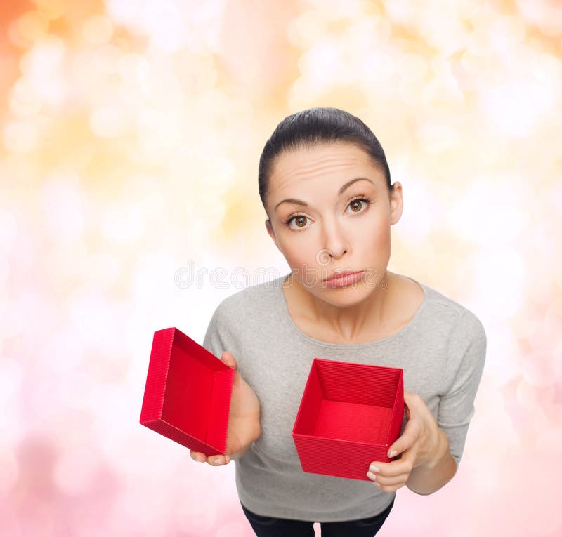 Disappointed Asian Woman with Empty Red Gift Box Stock Image - Image of ...