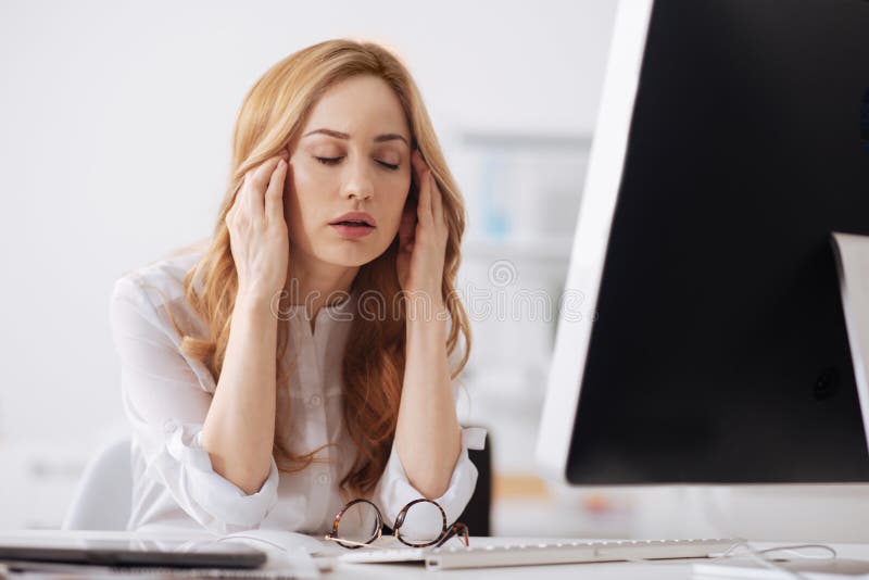 Disappointed Young Office Manager Having Headache in the Office Stock ...