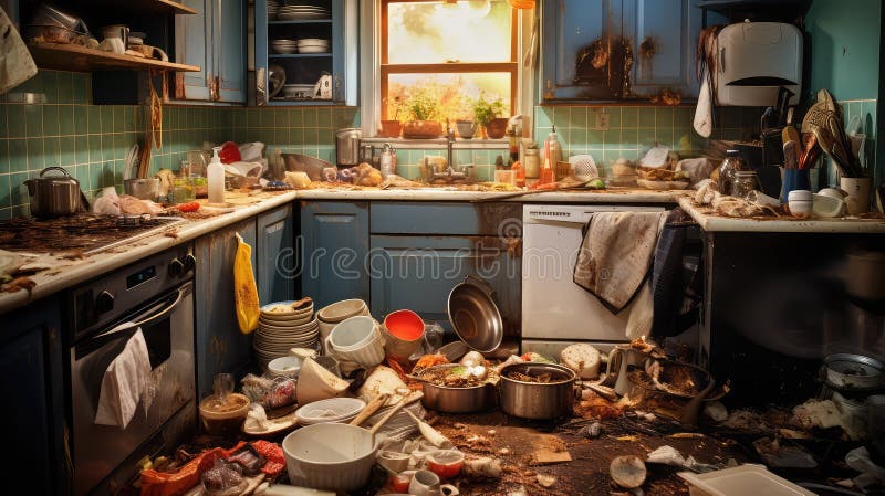 Messy Kitchen with Lot of Clutter on the Floor and Dishes on the ...