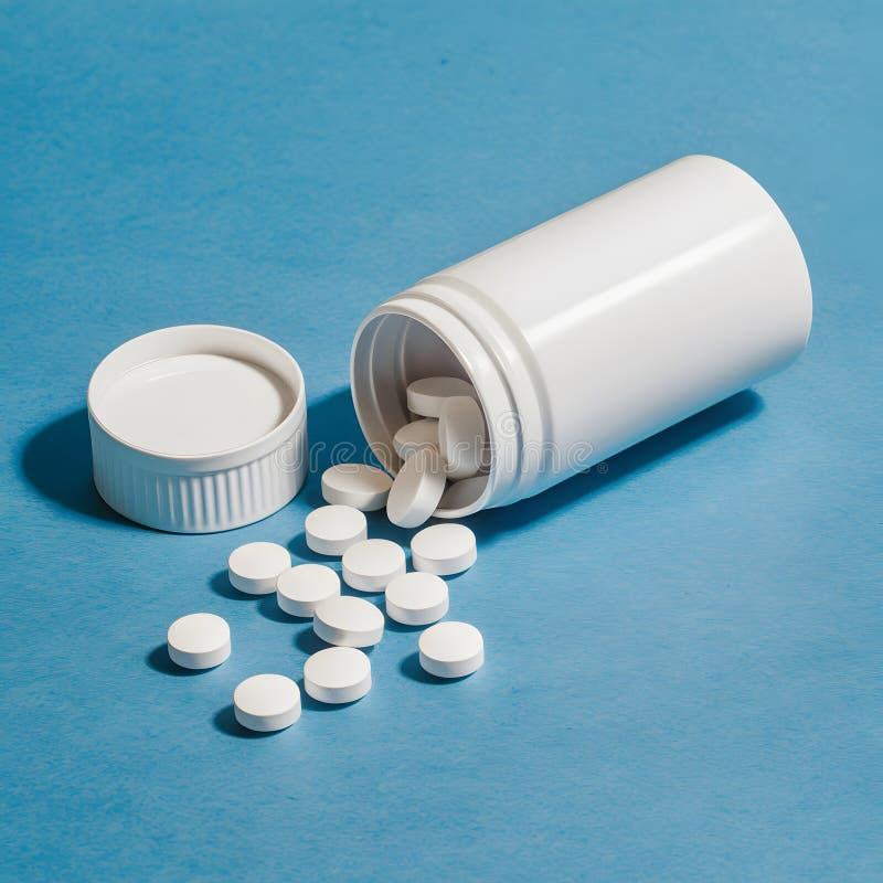 Disarrayed White Tablets Spilled from Cylindrical Container on Vibrant ...