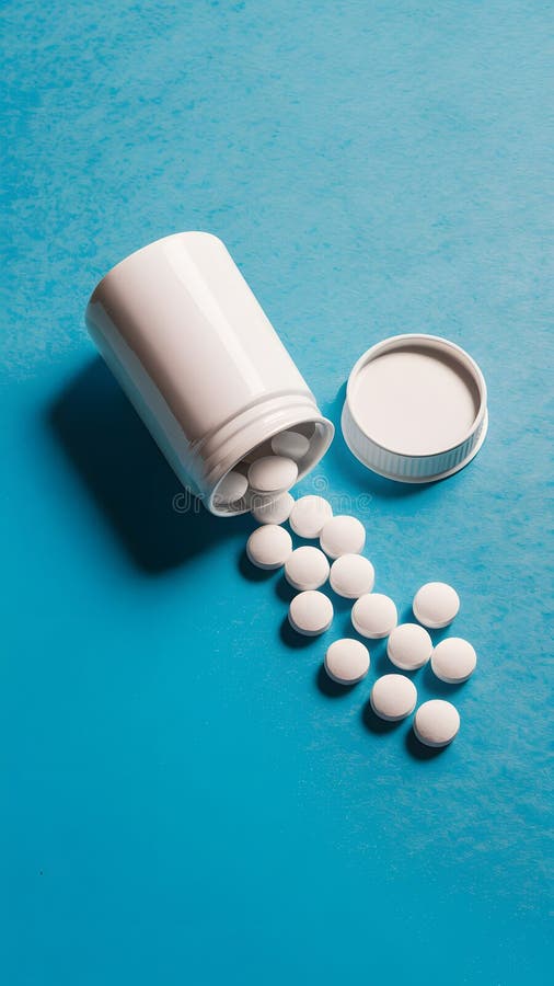 Disarrayed White Tablets Spilled from Cylindrical Container on Vibrant ...