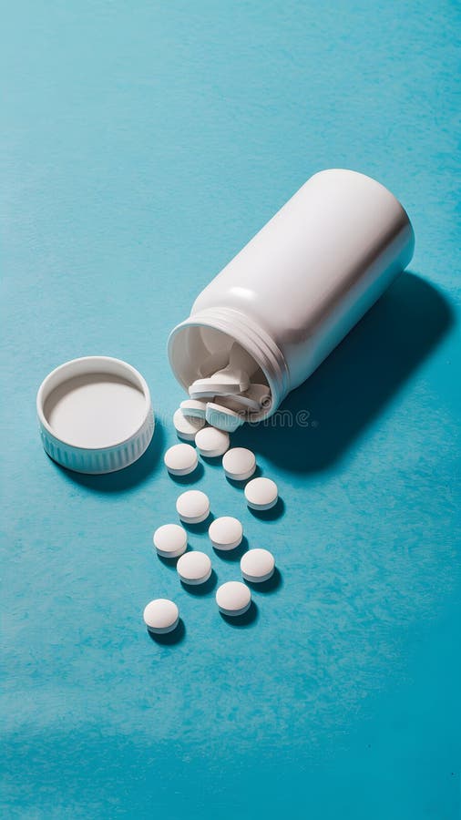Disarrayed White Tablets Spilled from Cylindrical Container on Vibrant ...