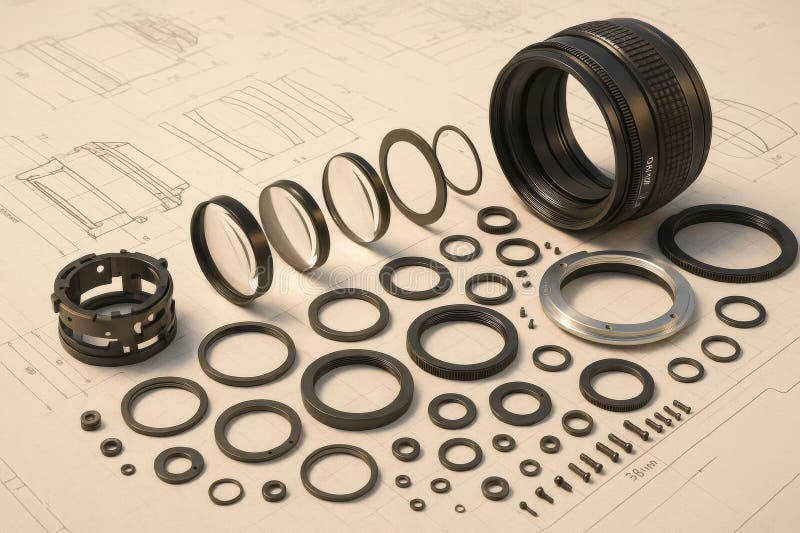 Disassembled Camera Lens Showing Optical Components and Structural ...