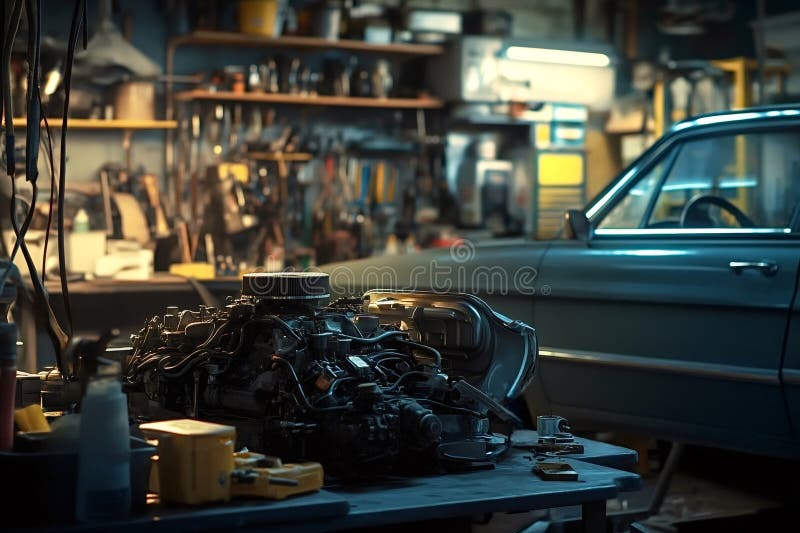 Powerful Car Engine Undergoing Maintenance in Garage Stock Image ...