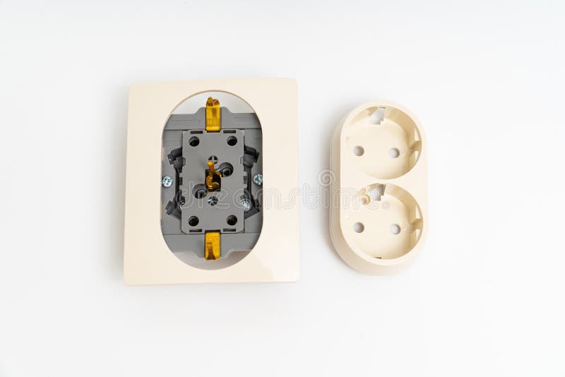 Double Socket and Two-key Light Switch on White Background. Stock Image ...
