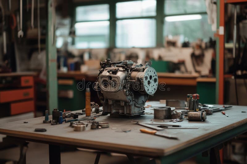 Disassembled Engine Parts Scattered on a Table in a Mechanical Workshop ...