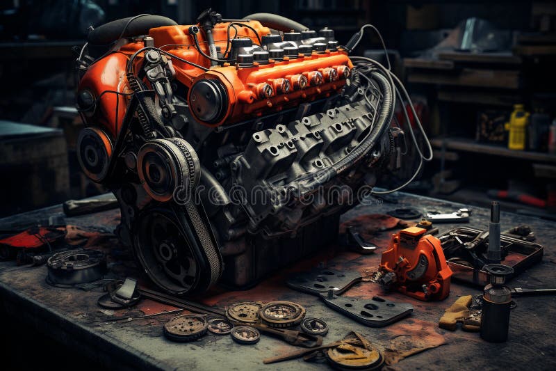 Disassembled Engine and Spare Parts on the Table in the Garage. AI ...