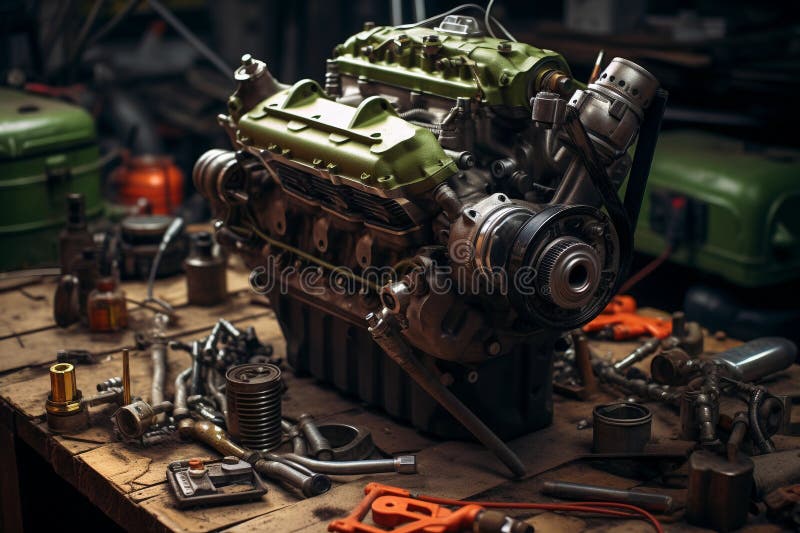 Disassembled Engine and Spare Parts on the Table in the Garage. AI ...