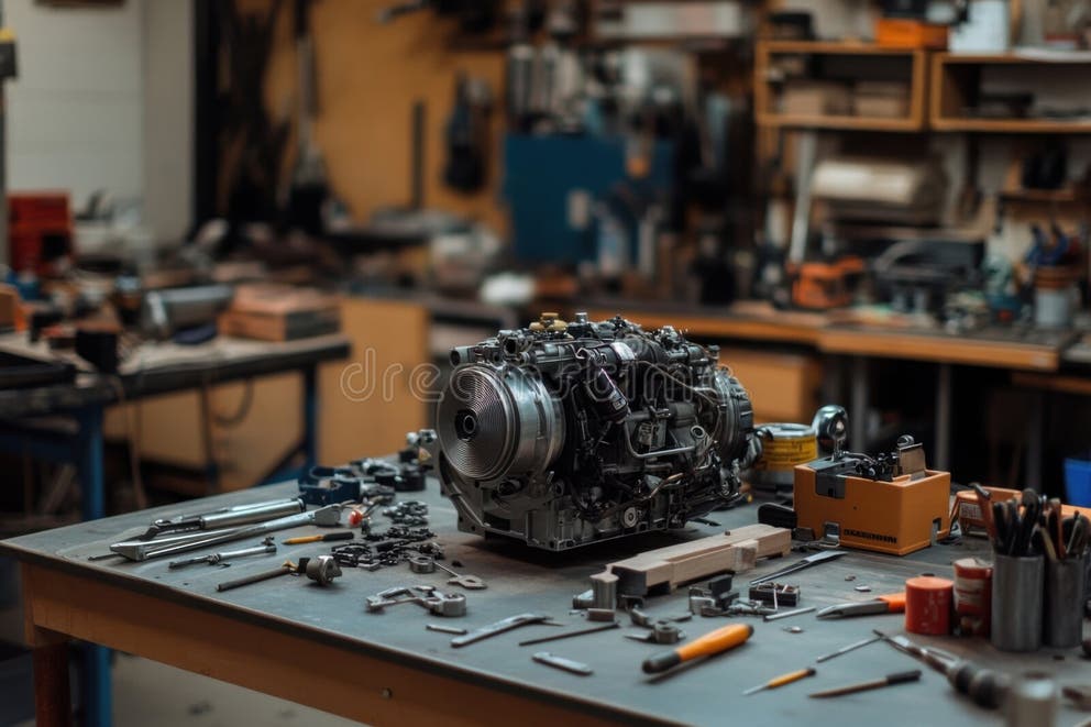 Disassembled Engine on a Workbench with Tools and Parts Spread Around ...