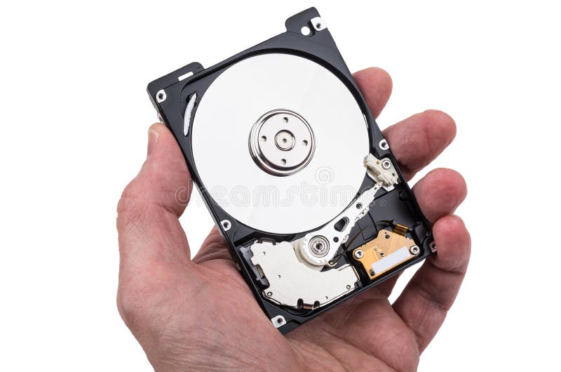 Disassembled Hard Disk Drive in Male Hand Isolated on White Stock Photo ...