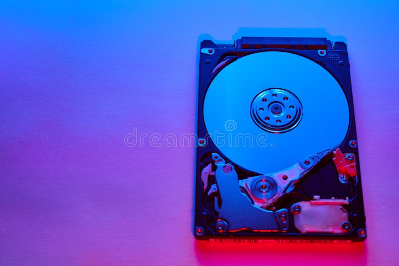 Disassembled Hard Drive from the Computer, Hdd with Neon Light. Opened ...