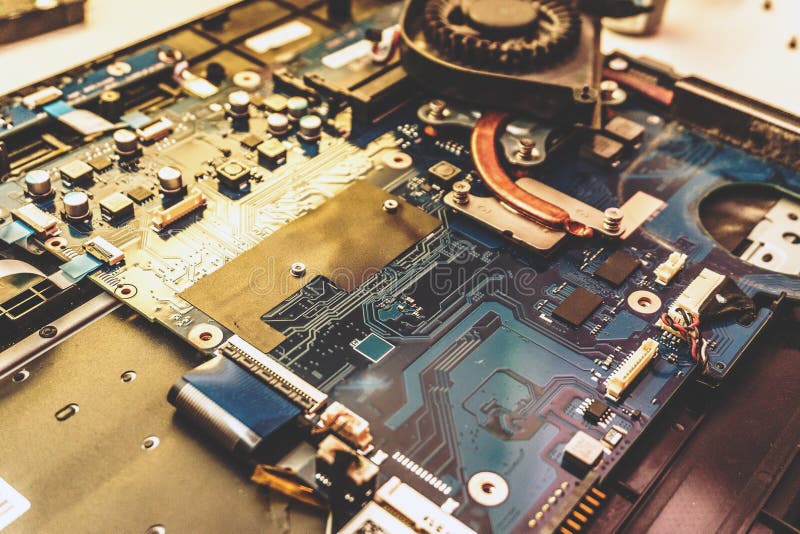 Disassembled Laptop. Printed Circuit Board with Many Electrical ...
