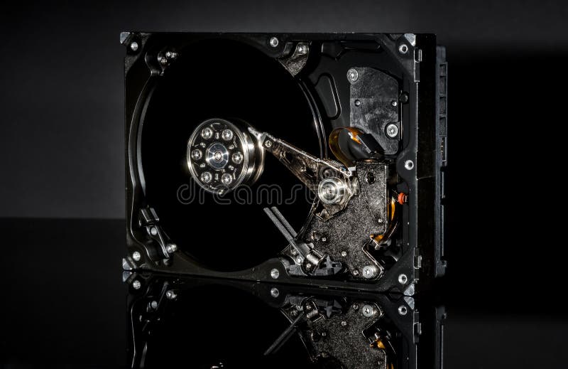 Disassembled and Opened Hard Disk Drive, Inside View with Reflections ...