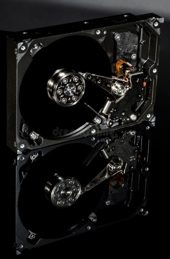 Disassembled and Opened Hard Disk Drive, Inside View with Reflections ...